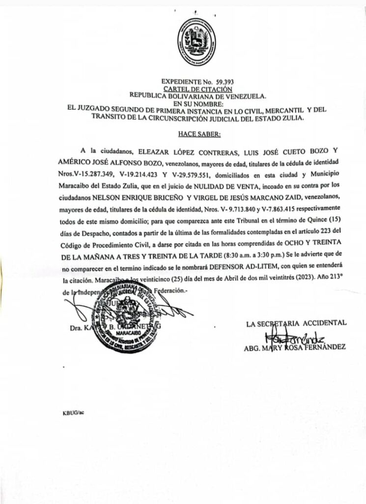 Cartel de Citación a los Ciudadanos Eleazar López Contreras, Luis José ...