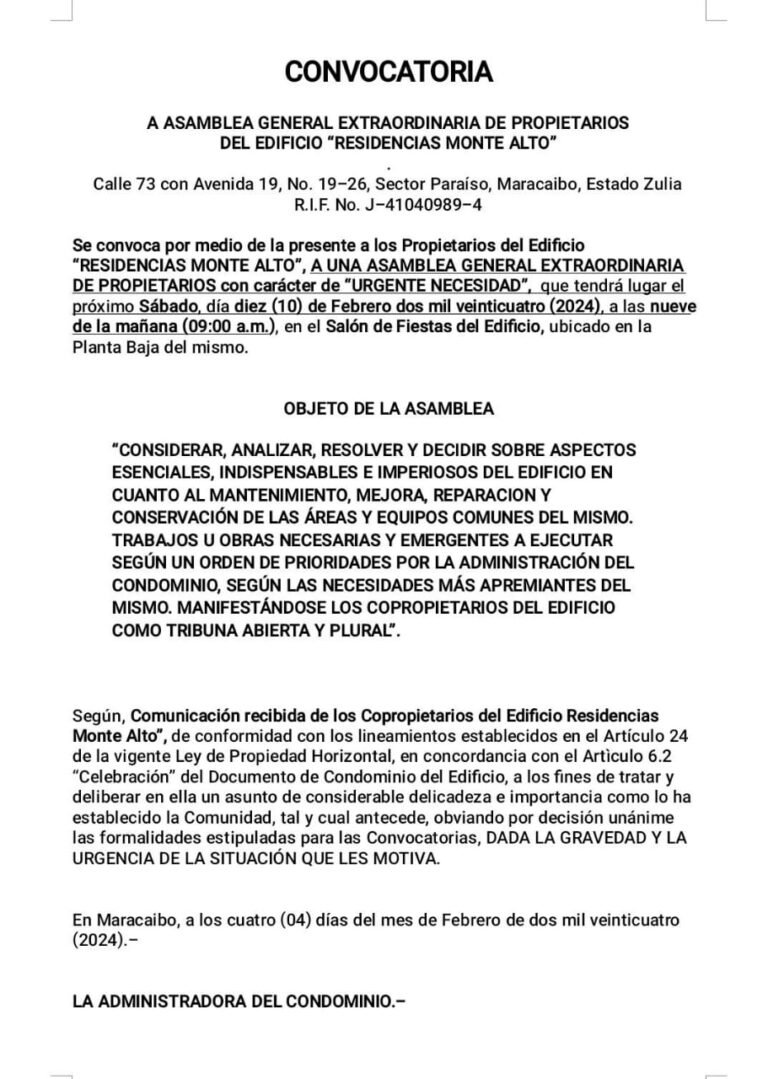 Convocatoria a Asamblea General Extraordinaria de Propietarios del Edificio "Residencias Monte ...