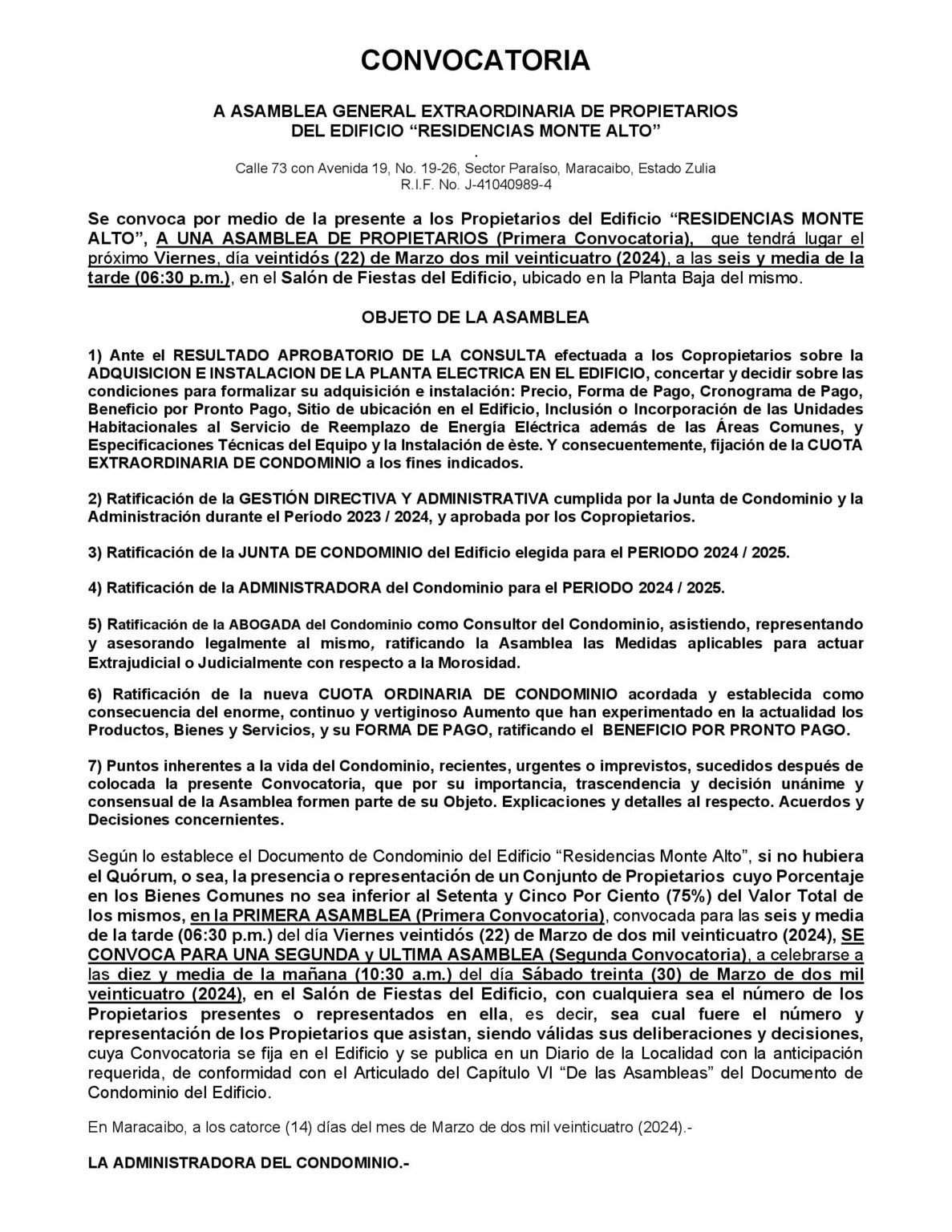 Convocatoria de Asamblea General Extraordinaria de Propietarios del Edificio "Residencias Monte ...