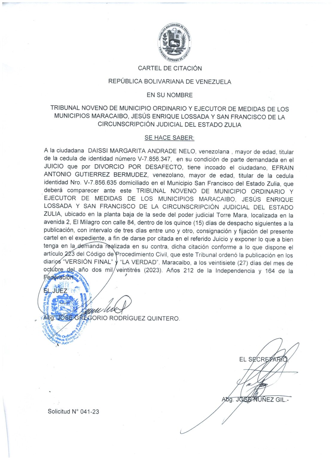 Cartel de Citación a la Ciudadana Daissi Margarita Andrade Nelo ...