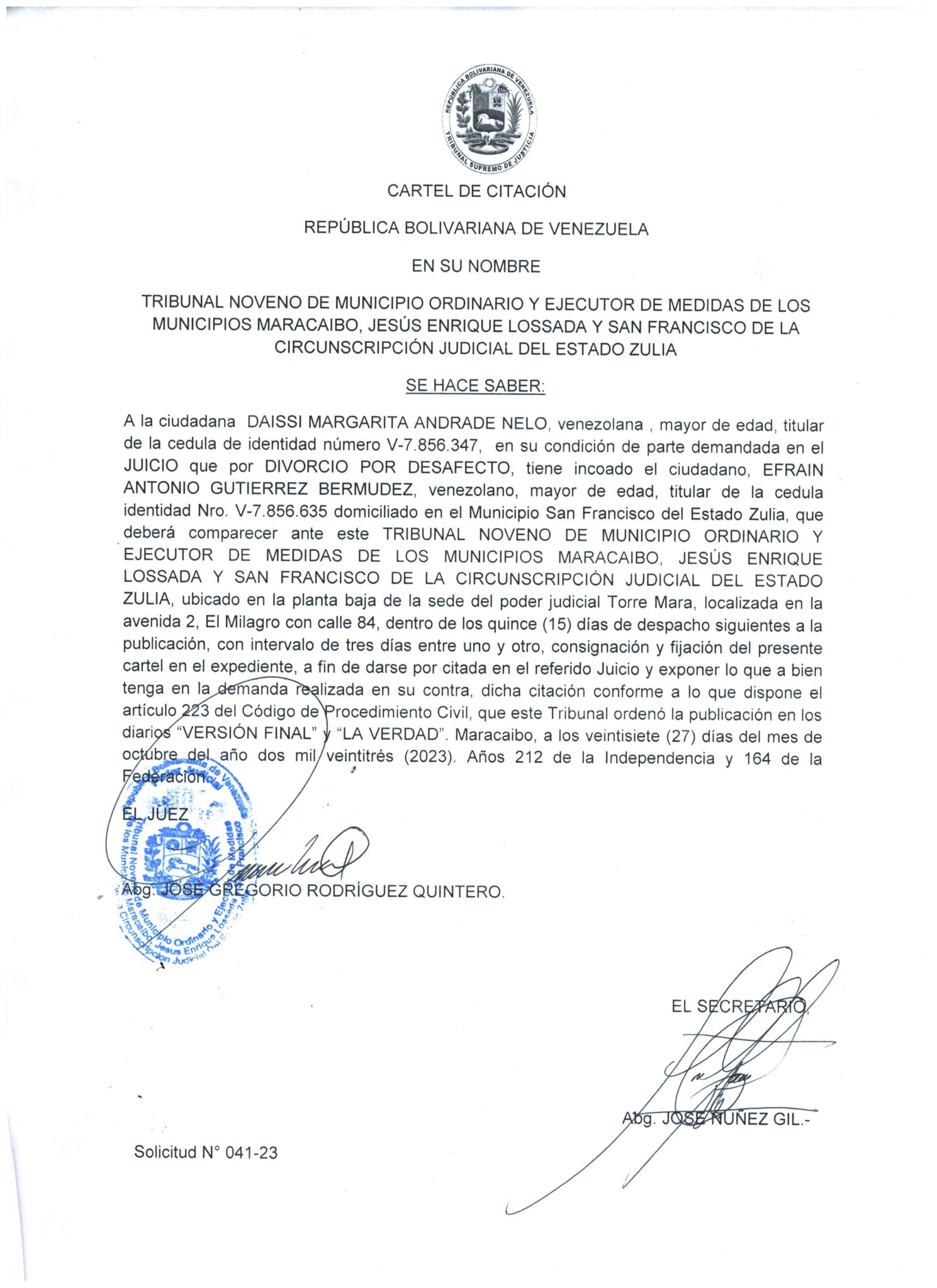 Cartel de Citación a la Ciudadana Daissi Margarita Andrade Nelo ...