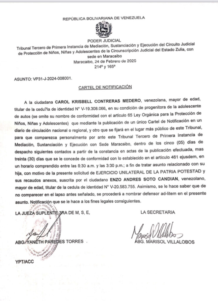 Cartel de Notificación a la ciudadana Carol Contreras - Diario Versión ...