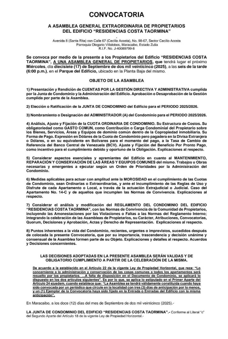 Convocatoria a Asamblea General Extraordinaria de Propietarios del Edificio "Residencias Costa ...