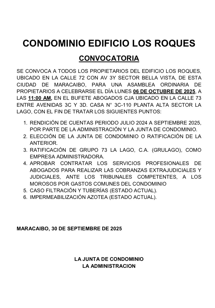 Convocatoria a Asamblea de propietarios del Condominio de Edificio Los Roques - Diario Versión Final