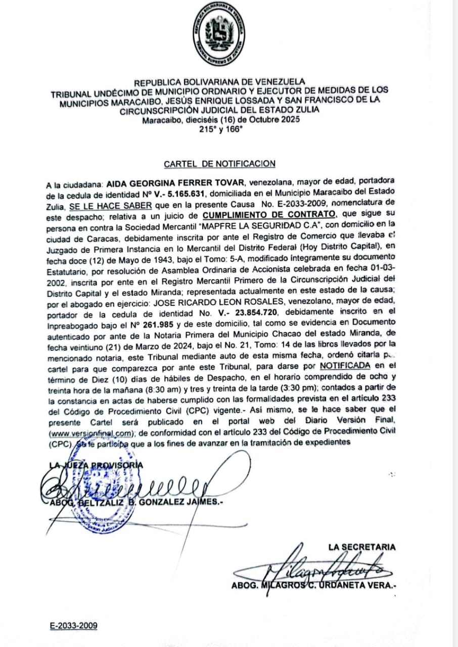 Cartel de Notificación a la Ciudadana Aida Georgia Ferrer Tovar ...