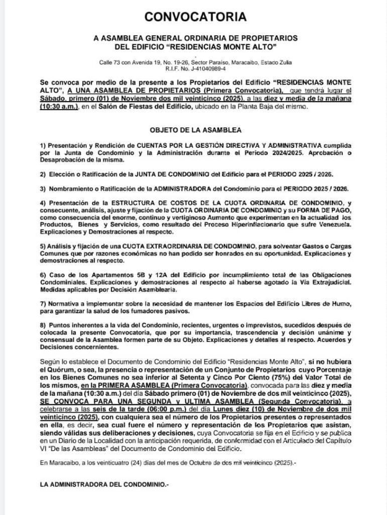Convocatoria a Asamblea General Ordinaria de Propietarios de Edificio "Residencias Monte Alto ...