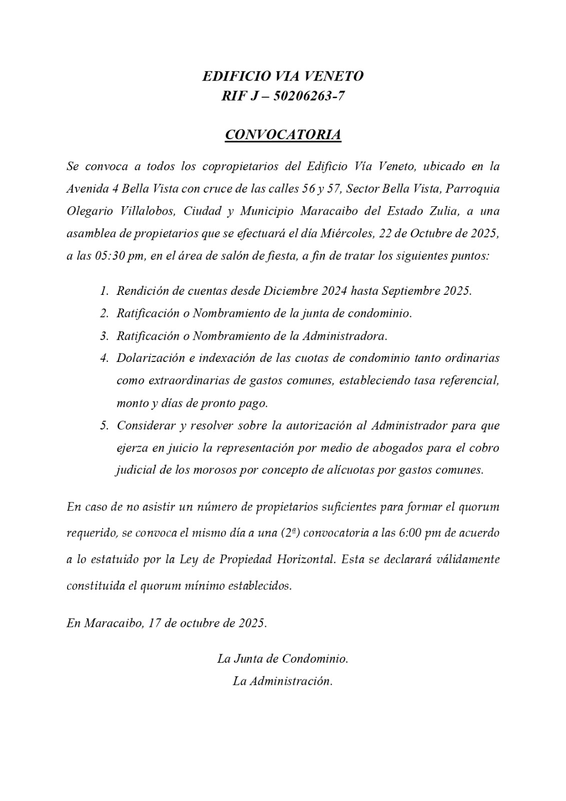 Convocatoria a Asamblea de Copropietarios del Edificio Vía Véneto - Diario Versión Final