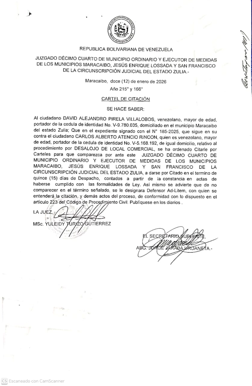 Cartel de Citación al Ciudadano David Alejandro Pirela Villalobos ...