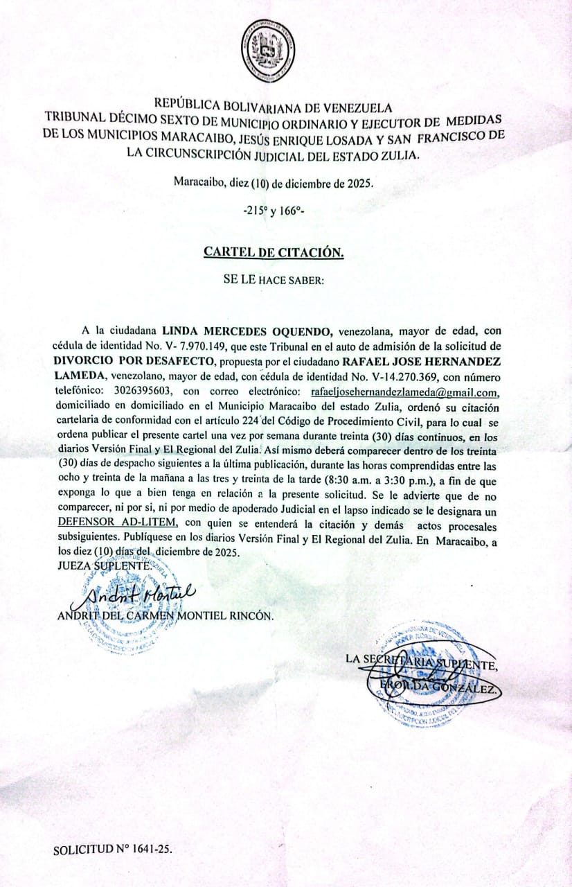 Cartel de Citación a la Ciudadana Linda Mercedes Oquendo - Diario ...