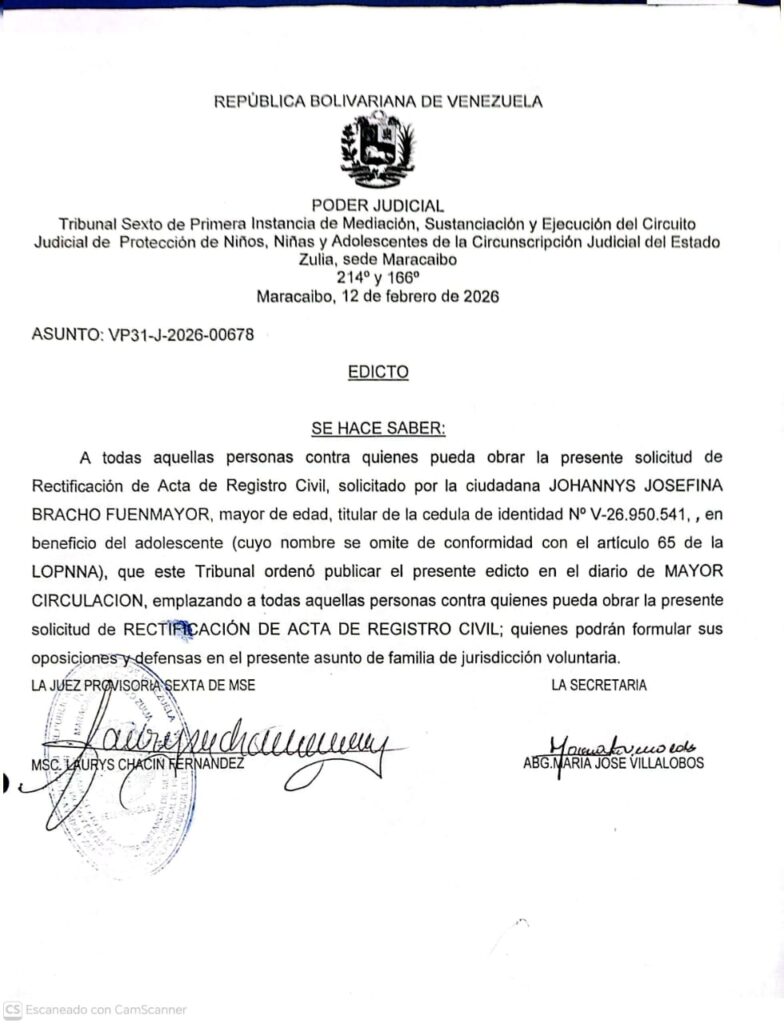 Cartel de Edicto de Solicitud de Rectificación de Acta de Registro ...