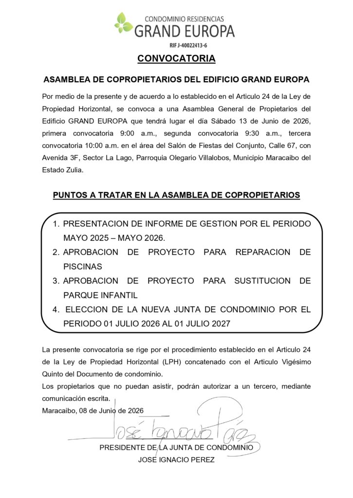 Convocatoria a Asamblea General de Propietarios del Edificio Grand ...