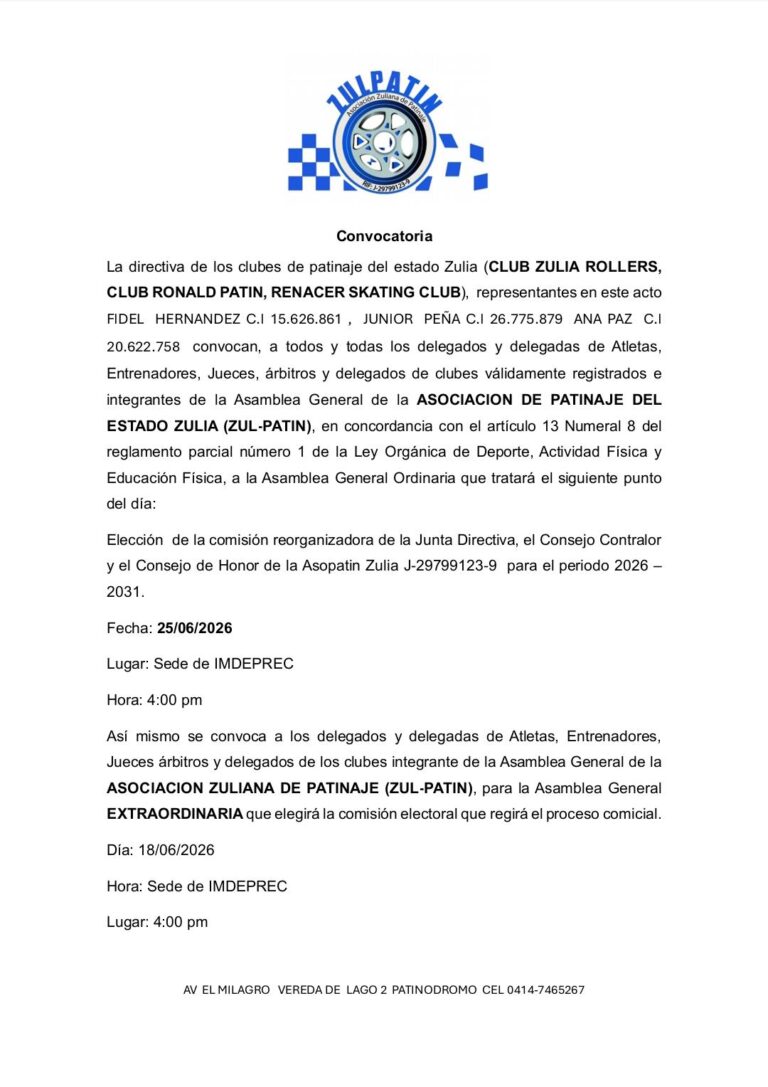 Convocatoria a la Asamblea General de la Asociación de Patinaje del ...