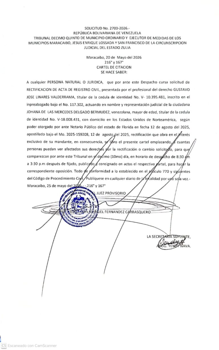 Cartel de Citación de Solicitud de Rectificación de Acta de Registro ...