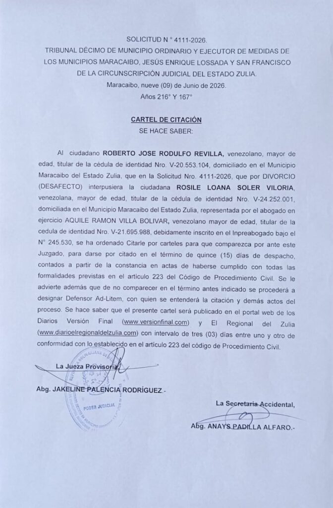 Cartel de citación de divorcio al ciudadano Roberto José Rodulfo ...